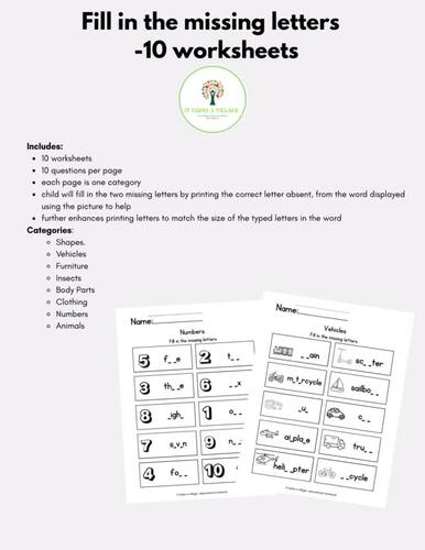 Categories-Fill in the missing letters worksheets (ABLLS-R aligned Q9)