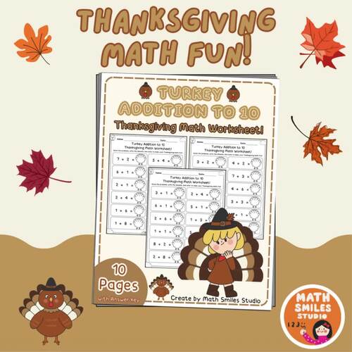Turkey Addition to 10 | Thanksgiving Math Worksheet | Kindergarten-1st ...
