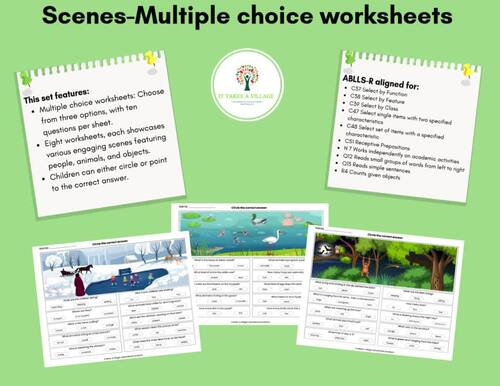 Scenes Worksheets -10 questions per page, 8 worksheets (ABLLS-R aligned)