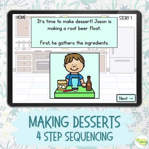 Making Desserts 4 Step Sequencing Boom Cards™ with Short Stories and Audio