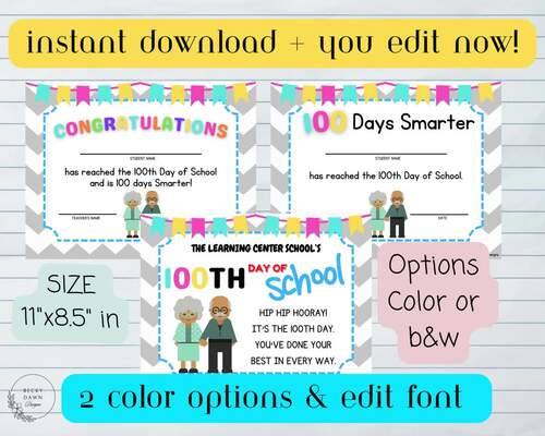 100th Day of School Certificate & Poster by Crafty Teacher Designs