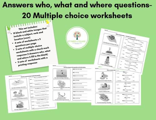 Answers Who, What and Where Questions Worksheets-20 worksheets (11 x 8.5)