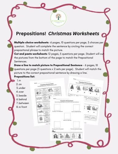 Christmas themed Prepositions Worksheets Set (ABLLS-R C51, G35 aligned)