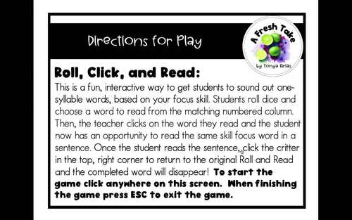 Digital Interactive Roll, Click, and Read - SH Consonant Digraphs