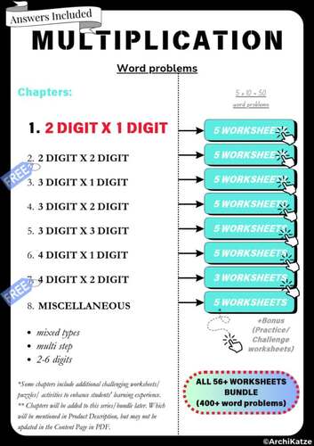 2-digit by 1-digit Multiplication 50 WORD PROBLEMS 5+Worksheets Print ...