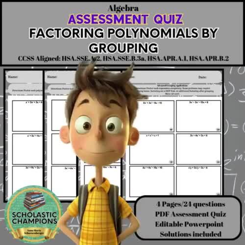 FACTORING POLYNOMIALS BY GROUPING - Algebra Assessment Quiz Test Worksheet