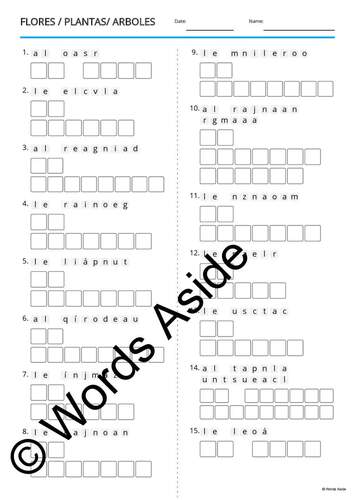 Spanish Word Games Copy Crossword Word Search Anagram PLANTS by Words Aside