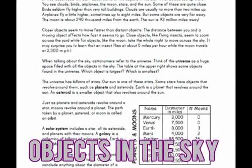 3rd and 4th Grade Earth Science Reading Word Document Objects in the Sky