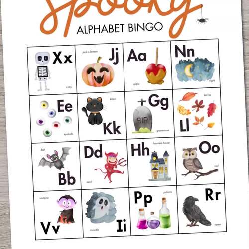 Preschool Spooky ABC Bingo | Alphabet Halloween 4x4 Bingo Game - 25 Cards