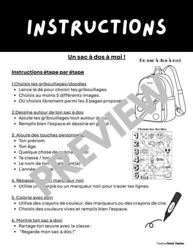 French Back to School Art Project | “Un sac à dos à moi!” Dice + Doodle ...
