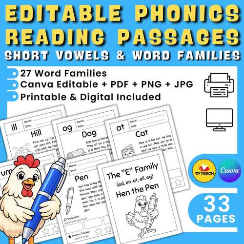 Editable Short Vowel Phonics Reading Passages & Word Families ...