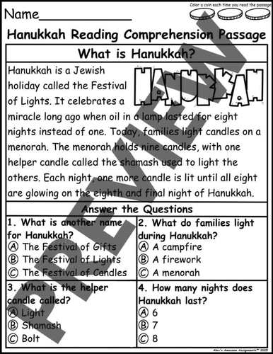 10 Hanukkah Reading Comprehension Passages | 1st Grade, 2nd Grade, and ...
