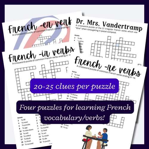 4x French verb crosswords (translation activity for research/review).