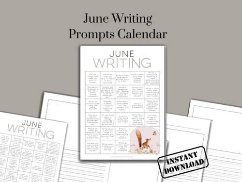 June Writing Prompts Calendar, Summer Writing Practice, 2nd, 3rd, 4th, 5th