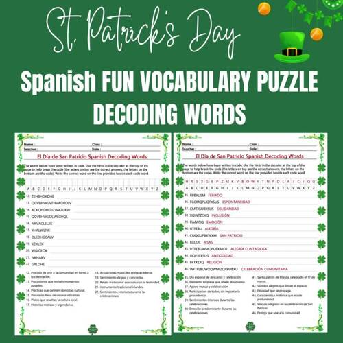St. Patrick's Day Spanish Vocabulary Crack the code & Find the word Puzzles