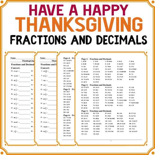 Thanksgiving Math Fractions And Decimals Worksheets 5th, 6th Grades