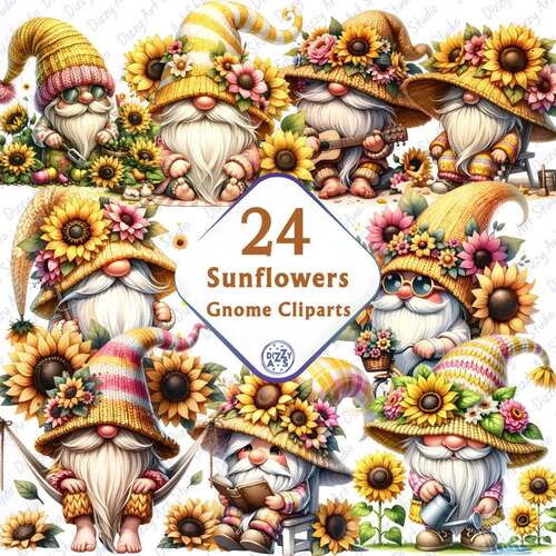Watercolor Sunflowers Gnome Cliparts Bundle PNG - Garden Gnome with Flowers