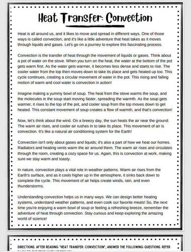 Heat Transfer Convection Reading Passage with Comprehension and Essay ...