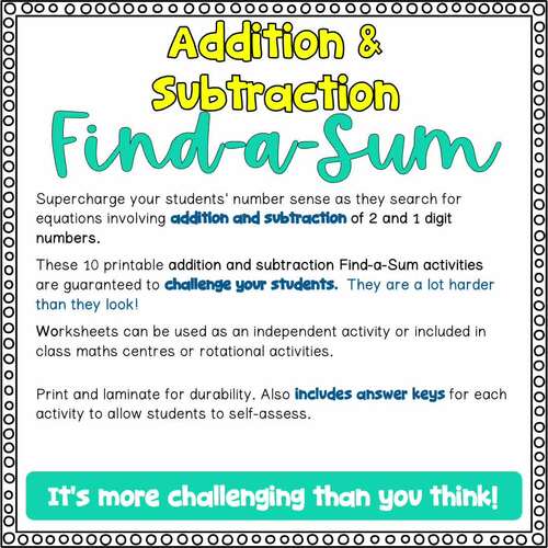 Addition and Subtraction Facts - Find-a-Sum Activity Sheets (middle grades)