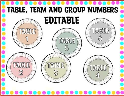 Printable Boho Spotty Table, Team and group Numbers, Editable Table Signs