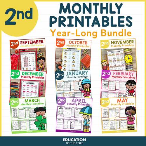 2nd Grade Monthly NO PREP Packet Printables | Year-Long Bundle | TPT
