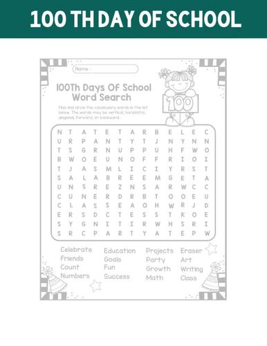 100th Day Of School Word Search Activity Worksheet | TPT