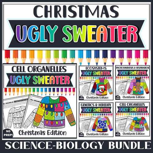 Christmas Ugly Sweater Science Biology Coloring Review Activities Bundle