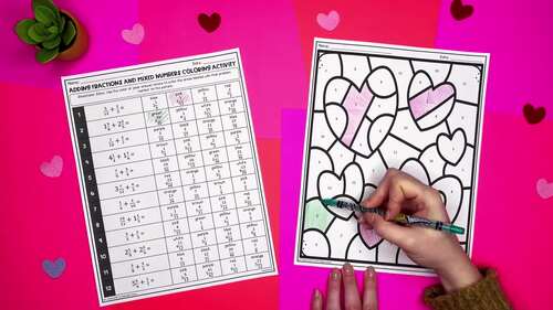Valentine's Day Adding and Subtracting Fractions Color by Number Worksheets
