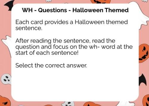 Wh- Questions Reading Comprehension Task Cards | Halloween Themed