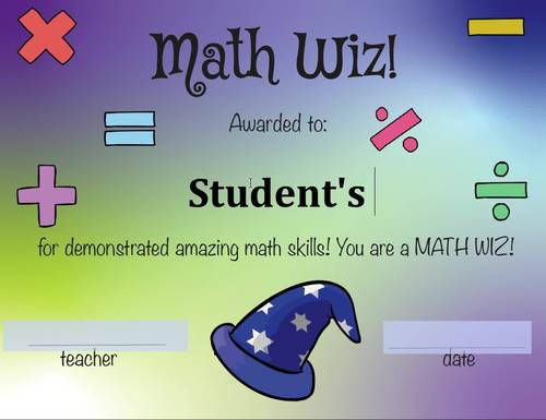 Math Wiz! Editable PDF certificate-perfect to use for Distance Learning