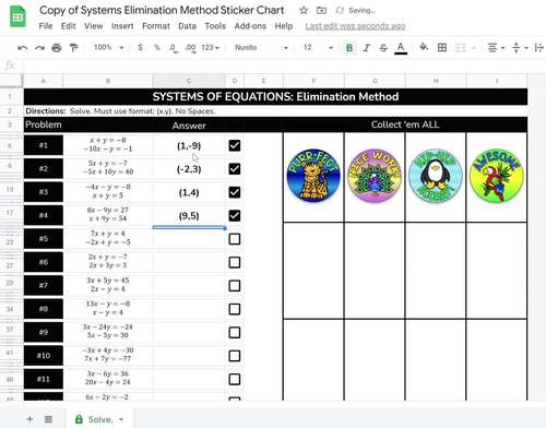 Google Sheets Algebra Systems of Equations Elimination Method STICKER CHART