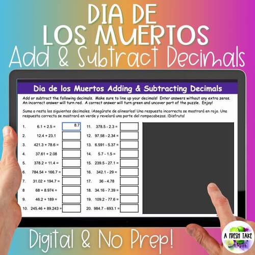 Dia de los Muertos Pixel Art Math Adding Subtracting Decimals 5th Grade ...