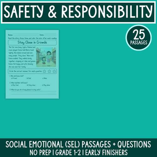 Safety & Responsibility SEL Reading Comprehension Worksheets PreK Grade 1-2