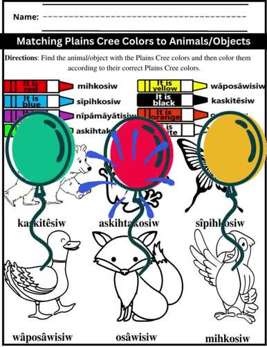 Plains Cree Color Animal by their Cree Colors No Prep | TPT