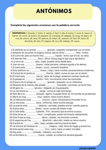 ANTONIMOS HOJA DE TRABAJO OPPOSITE WORDS SPANISH WORKSHEETS by Pasajero ...