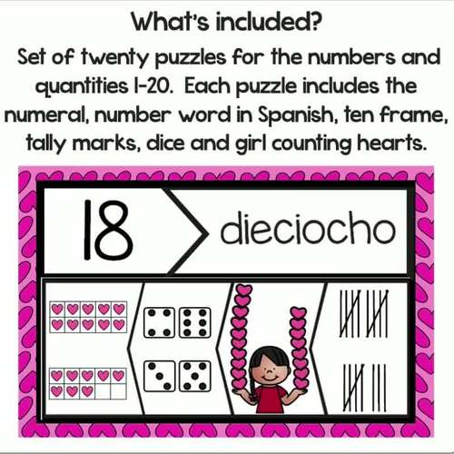 Valentine’s Day Number Sense Puzzles In Spanish 1-20- Sentido Numérico 1-20