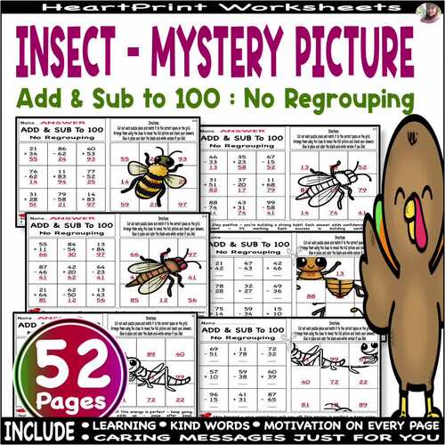 No regrouping Addition & subtraction to 100 : mystery pictures fact ...