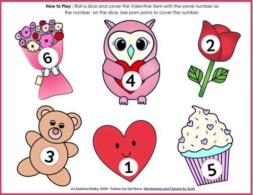 Valentine Math Roll and Cover Dice Game | Number Recognition Activity ...