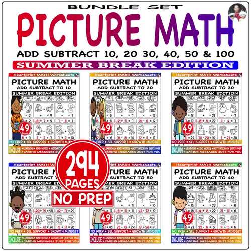 Addition & subtraction to 10 -100 with pictures bundle set Go - Summer ...