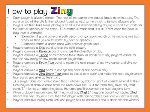 Parts of Speech Game: Zing! (Plays similar to Uno) by Joyful 4th