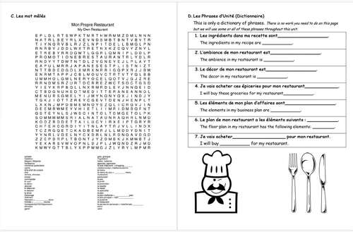 Core French Grade 8 My Own Restaurant Unit Vocabulary & Unit Phrases ...