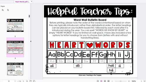 Heart Words Bulletin Board Wall Flash Cards Parent Letter Science of ...