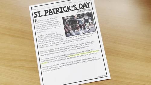 St. Patrick's Day Reading Comprehension Passages and Writing Activities