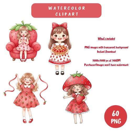 Cute Strawberry Girl Clipart | Kawaii Strawberry Girls | 60 PNG 300DPI