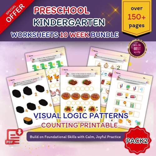 Preschool Learning Worksheets Pack2 Visual Logic Patterns Counting 150 ...