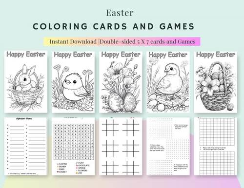 30 Easter Printable Coloring Cards & Games – Double-Sided Fun! | TPT
