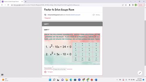 Solving Quadratics Digital Activity Escape Room | TPT
