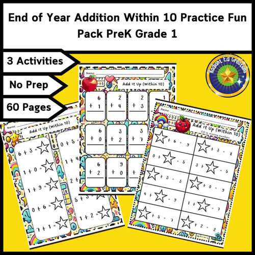 End of Year Addition Within 10 Practice Fun Pack PreK Grade 1 | TPT