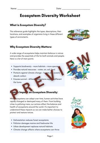 Ecosystem Diversity Activities Reference Guide and Worksheets for 8th Grade