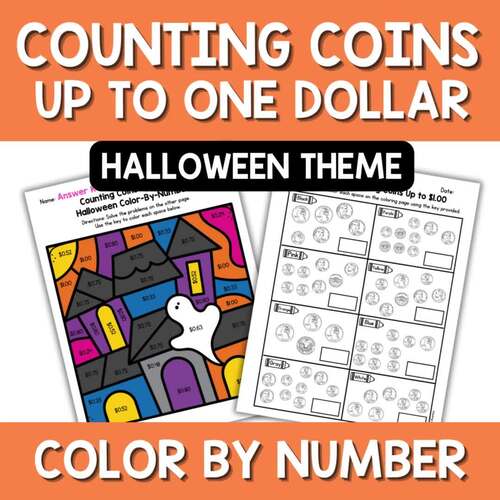 Halloween Counting Coins up to $1 One Dollar Color by Number Code Worksheet
